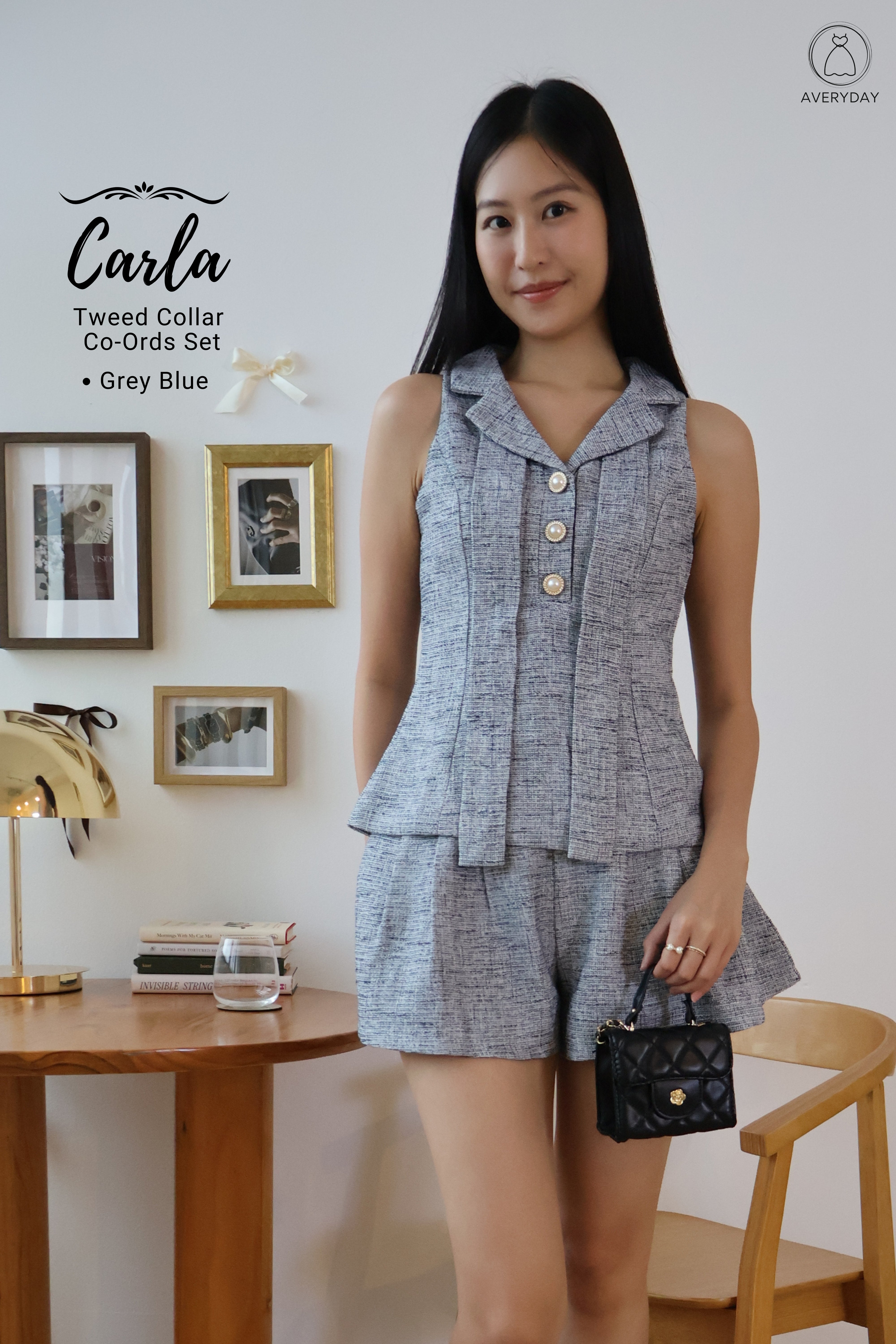 *Premium* Carla Tweed Collar Co-Ords Set In Grey Blue – AveryDay